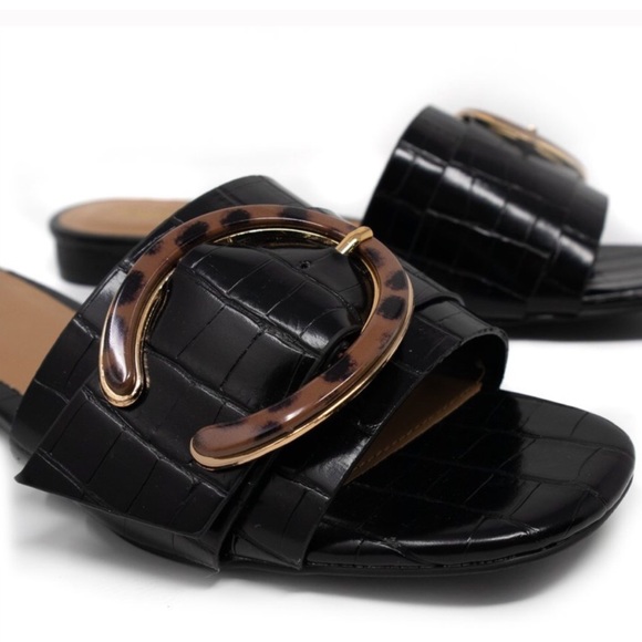 Shoes | Black Croc Slides With Tortoise Shell Buckle | Poshmark